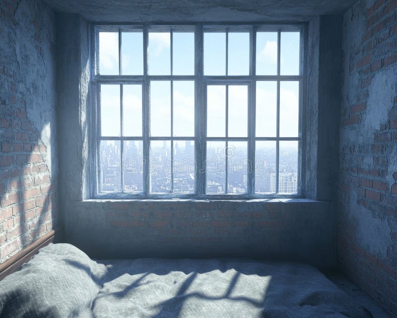 The Modern Bedroom is Characterized by Its Brick Wall, Large Window ...