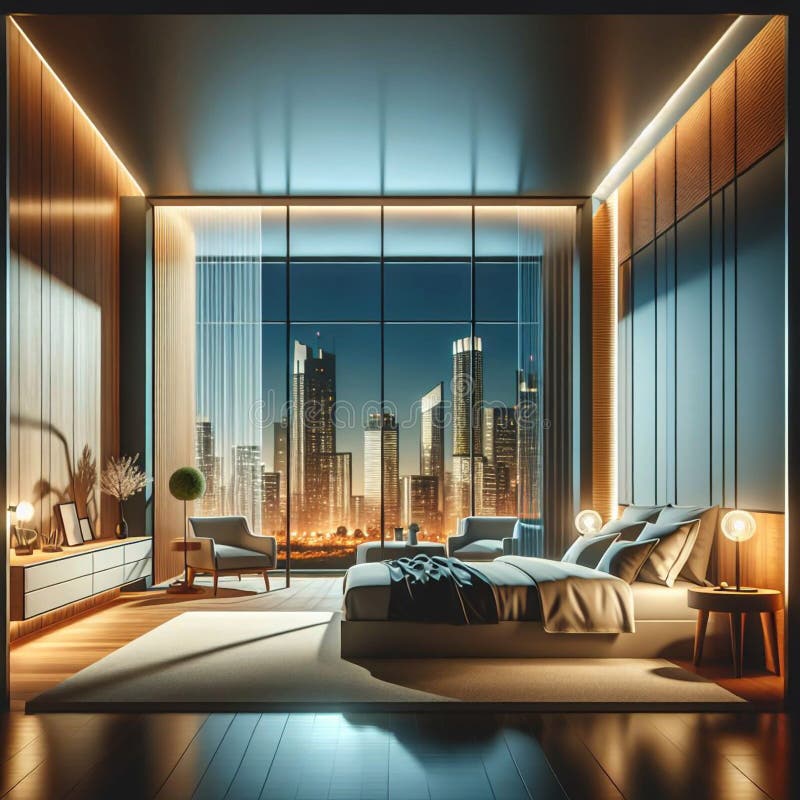 Modern Bedroom with City Skyline View at Night. Stock Image - Image of ...