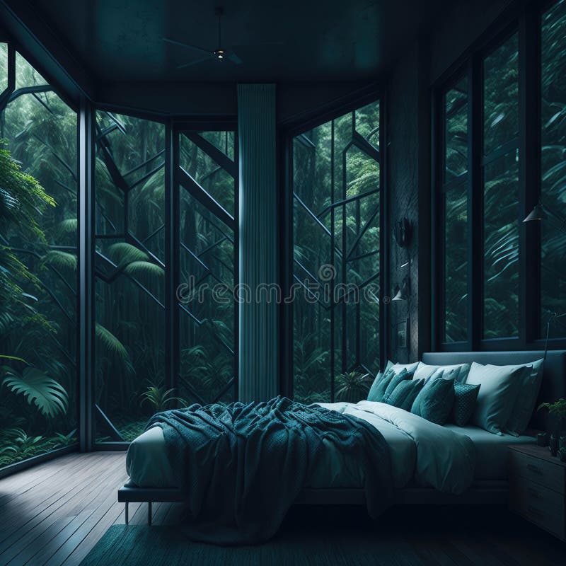 Modern Bedroom Design with Big Panoramic Windows, Tropical Rainforest ...