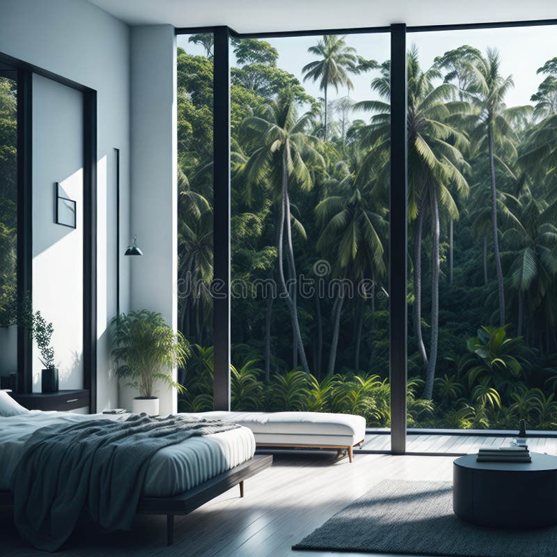 Modern Bedroom Design with Big Panoramic Windows, Tropical Rainforest ...