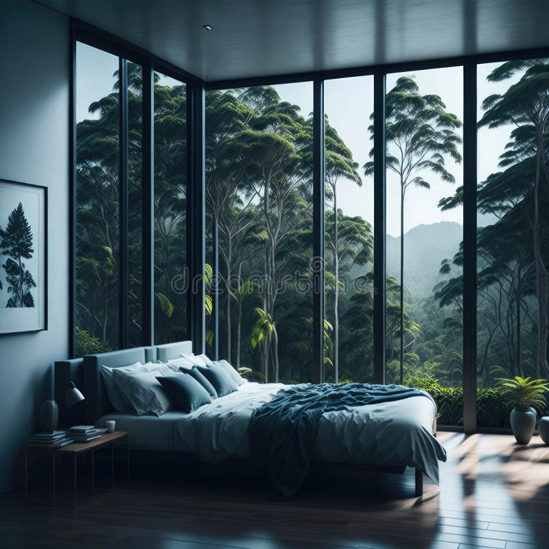 Modern Bedroom Design with Big Panoramic Windows, Tropical Rainforest ...