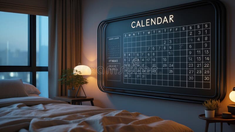 Modern Bedroom with Digital Calendar and Cozy Ambiance Stock Image ...