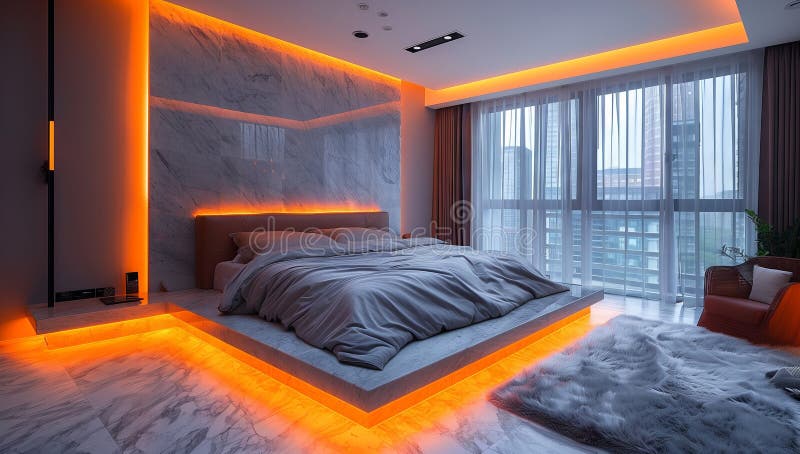 A Modern Bedroom Featuring Eyecatching Orange LED Lighting and a Chic ...