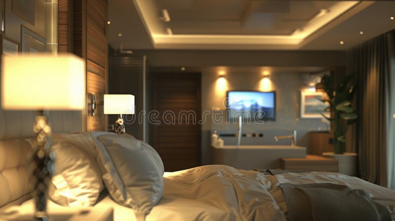Modern Bedroom with Large Bed and Flat Screen TV Stock Image - Image of ...