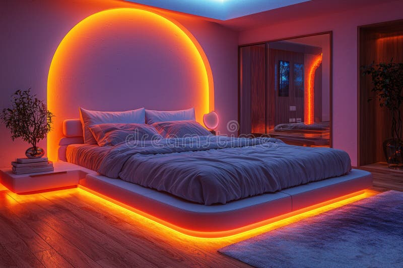 Modern Bedroom with Floating Bed, Glowing Orange Lights, and Mirror ...