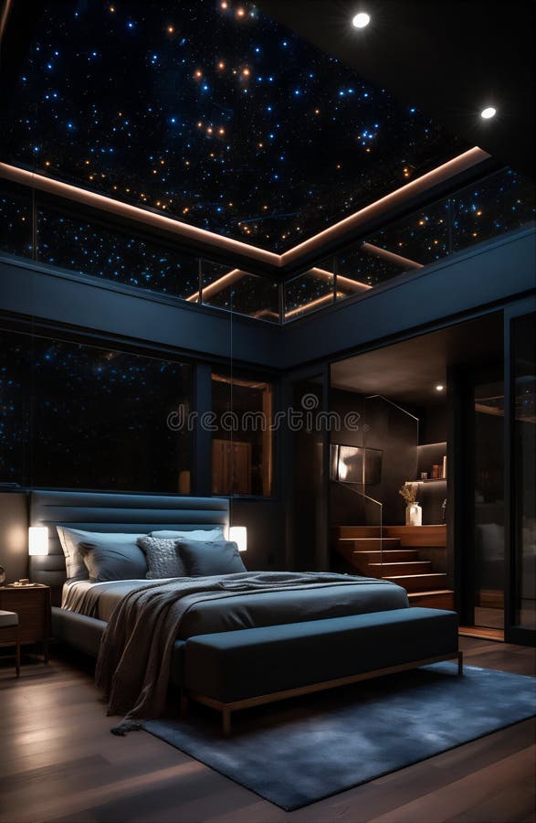 Modern Bedroom with Glass Wall Viewing Stars in the Night Sky. AI ...