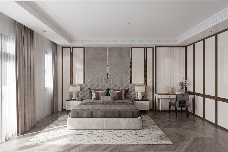 A Modern Bedroom with a Gray Bed, Headboard, and Console Tables on Both ...