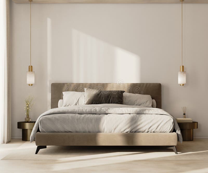 Modern Bedroom Interior with Bed, Lamp and Bedsie Tables, 3d Render ...