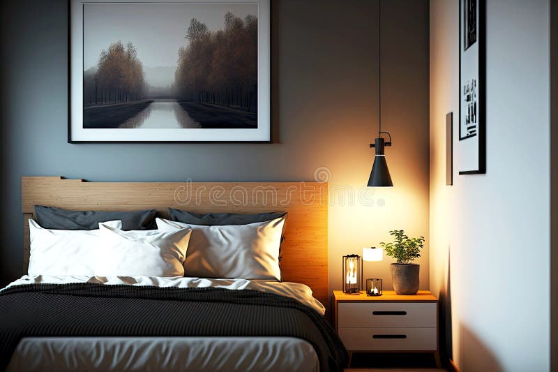Modern Bedroom Interior with Bedside Lamp Bed Stock Illustration ...