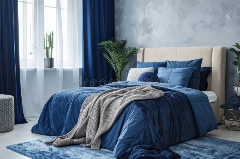 Modern Bedroom Interior with Blue Bedding and Elegant Decor Stock Photo ...
