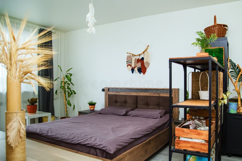 Modern Bedroom Interior with Boho Style Elements Stock Image - Image of ...