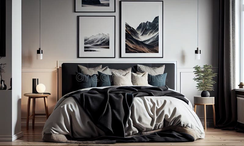 Modern Bedroom Interior with Cozy Bedding, Generative AI Stock ...