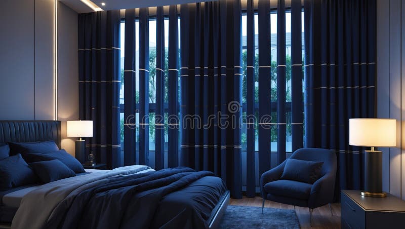 Modern Bedroom Interior Design with Blue Decor and Night Lighting Stock ...