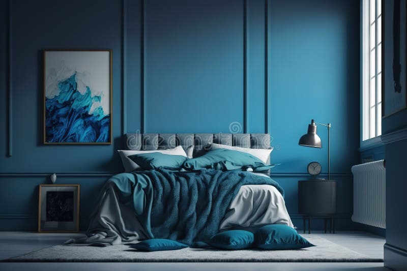 The Modern Bedroom Interior Design and Blue Wall Texture Background ...