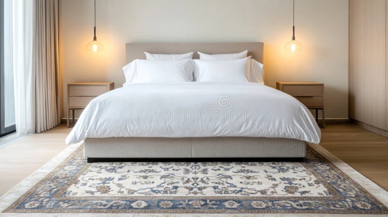 Modern Bedroom Interior Design Featuring Elegant Bed and Carpet Stock ...