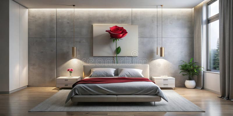 Modern Bedroom Interior Design with a Large Rose Artwork Above the Bed ...