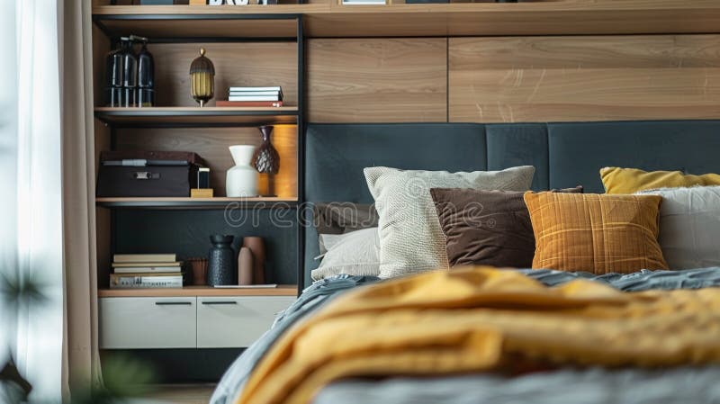 Modern Bedroom Interior Design with Open Shelving and Soft Pillows ...