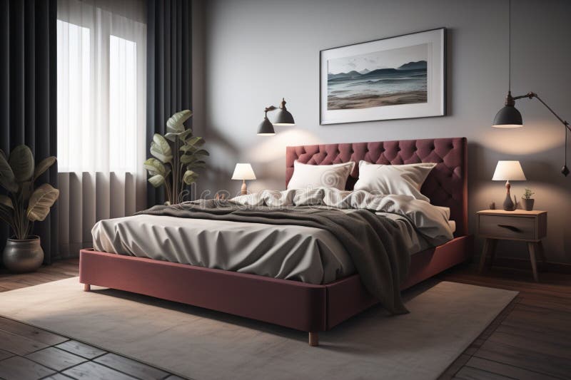 Modern Bedroom Interior Design with Red Bed and Lamp. Generative Ai ...