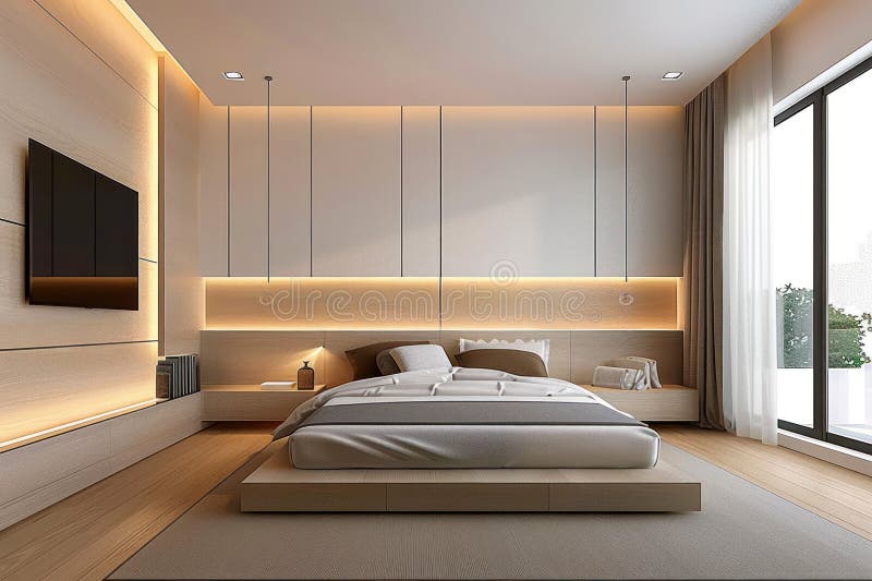 Tech-Inspired Minimalism: Modern Bedroom Interior Design Stock Illustration - Illustration of ...