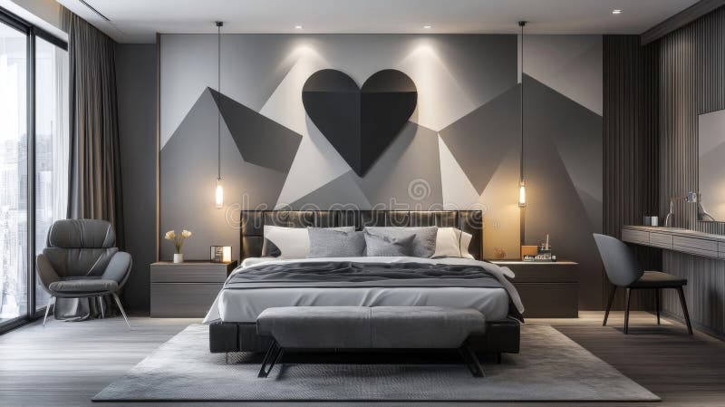 Modern Bedroom Interior with Geometric Wall Art and Black Heart Stock ...