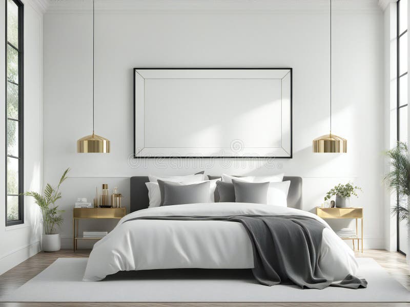 Modern Bedroom Interior with King-size Bed, Elegant Bedding, Pendant ...