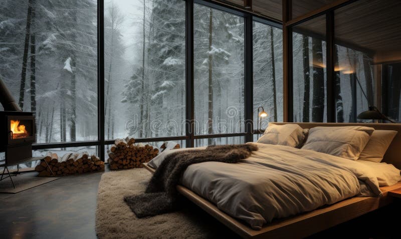 Modern Bedroom Interior with a Large Window Overlooking the Winter ...
