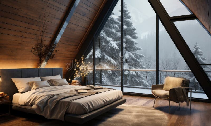 Modern Bedroom Interior with a Large Window Overlooking the Winter ...