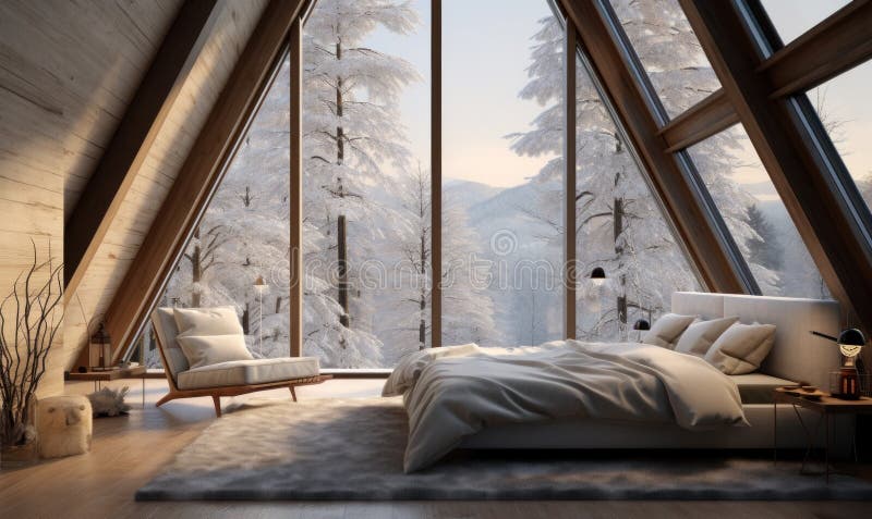 Modern Bedroom Interior with a Large Window Overlooking the Winter ...