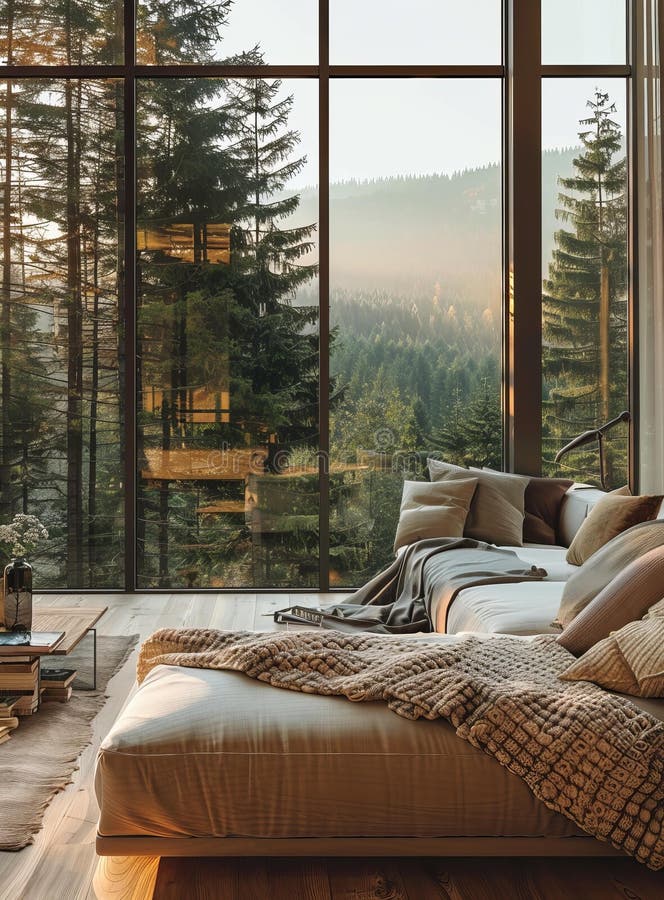 Modern Bedroom Interior with Large Windows Overlooking Forest Landscape ...