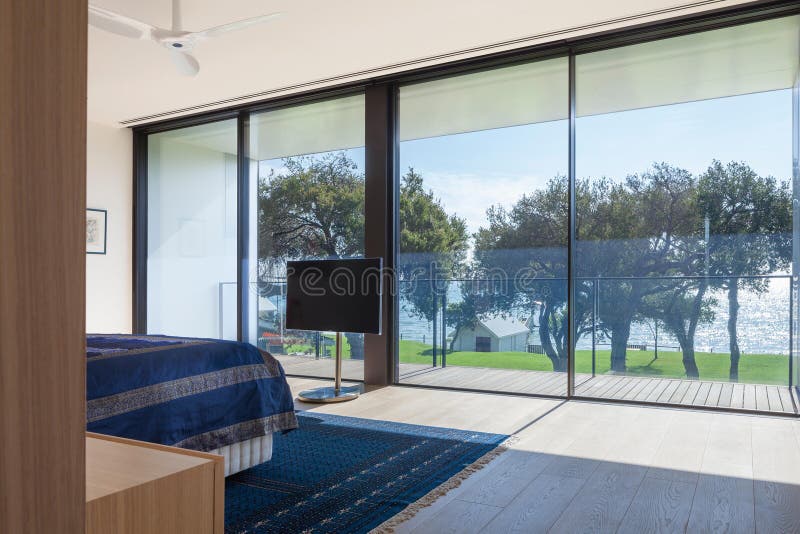 Modern Bedroom Interior in Minimal Style with Big Windows and Beautiful ...