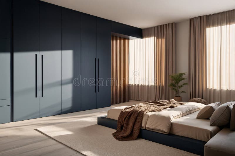 Modern Bedroom Interior, Minimalist, Dark Matte Blue Stock Illustration ...