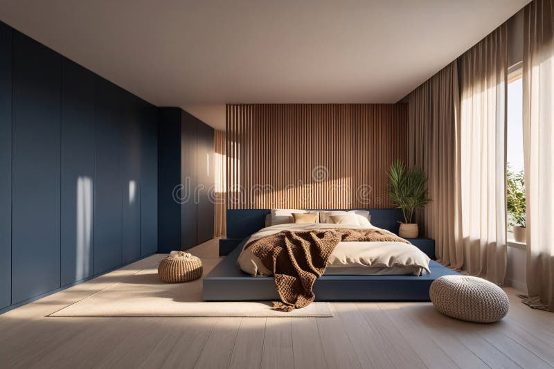 Modern Bedroom Interior, Minimalist, Dark Matte Blue Stock Illustration ...
