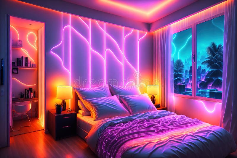 Modern Bedroom Interior with Neon Lights by AI Generated Stock ... Modern Bedroom Interior with Neon Lights by AI Generated Stock ...