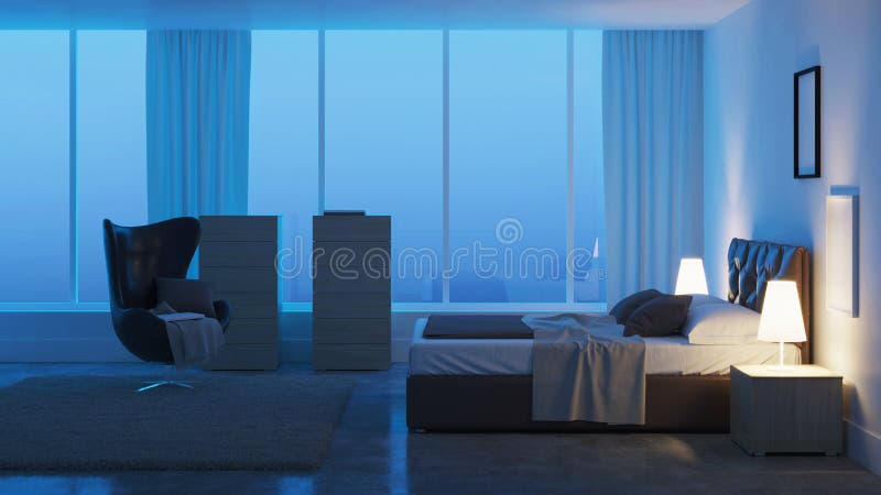 Modern Bedroom Interior. Night. Evening Lighting Stock Illustration ...