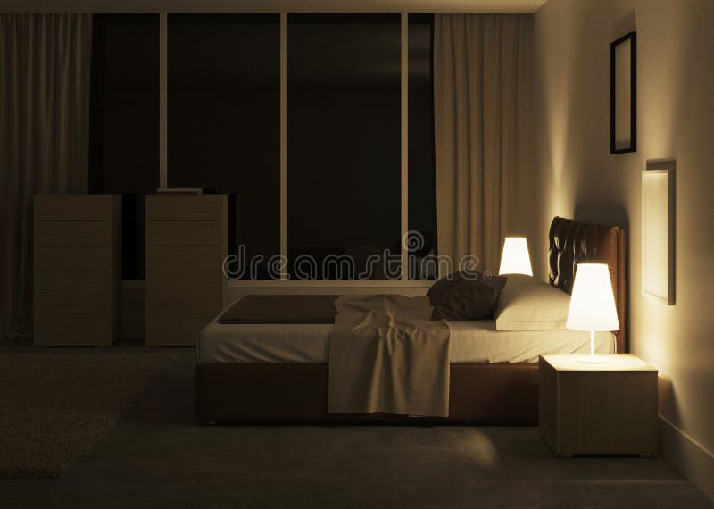 Modern Bedroom Interior. Night. Evening Lighting. Stock Illustration ...