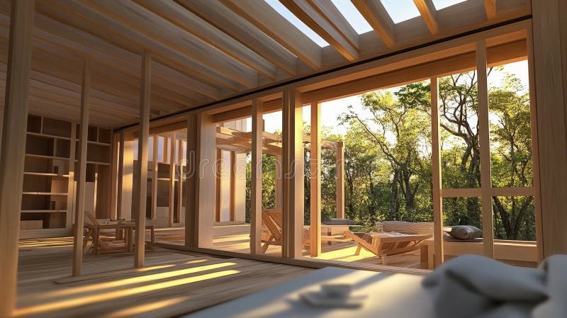 Modern Bedroom Interior, Open Floor Plan, Floor-to-Ceiling Windows ...