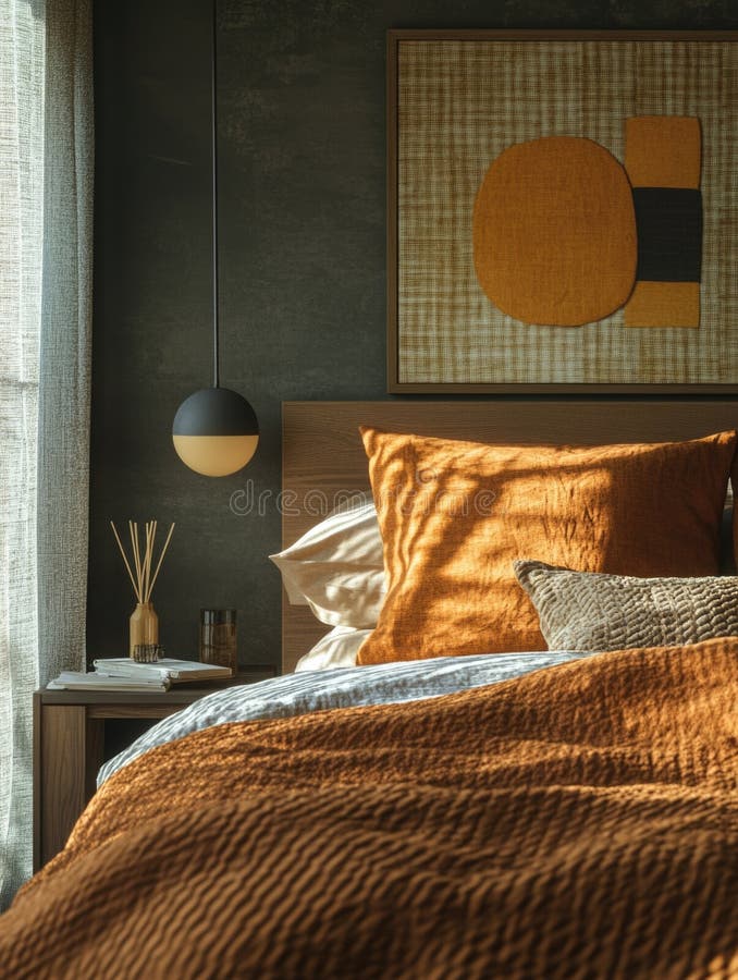 Modern Bedroom Interior with Sunlight Streaming through Stock Image ...