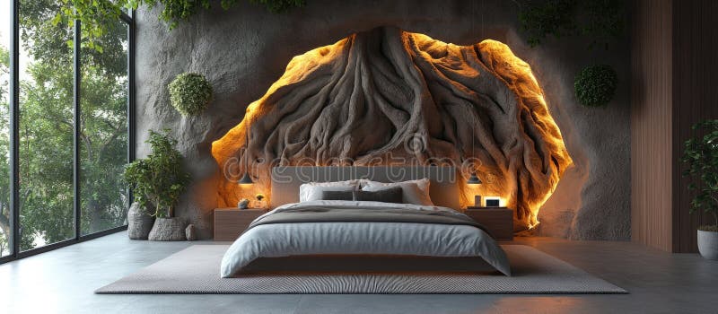 MODERN BEDROOM with TREE ROOT HEADBOARD and WARM LIGHTING Stock ...