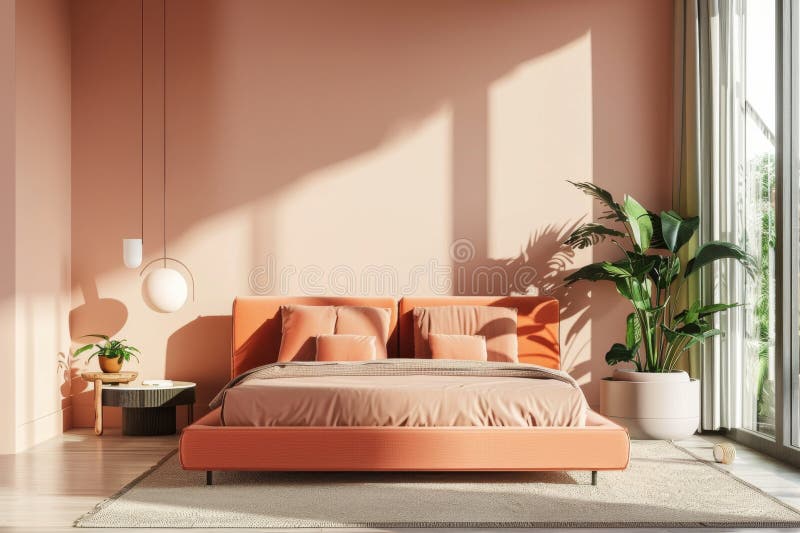 Modern Bedroom Interior with Warm Sunset Light and Lush Greenery Stock ...