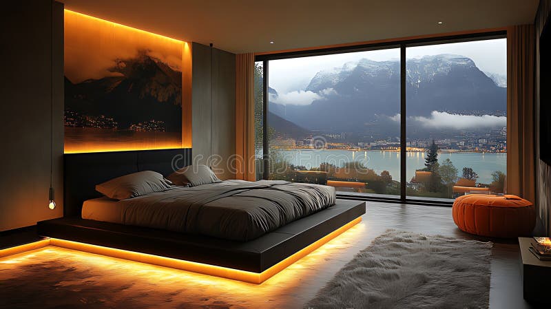 Modern Bedroom, Lake View, Mountain Backdrop, Ambient Lighting ...
