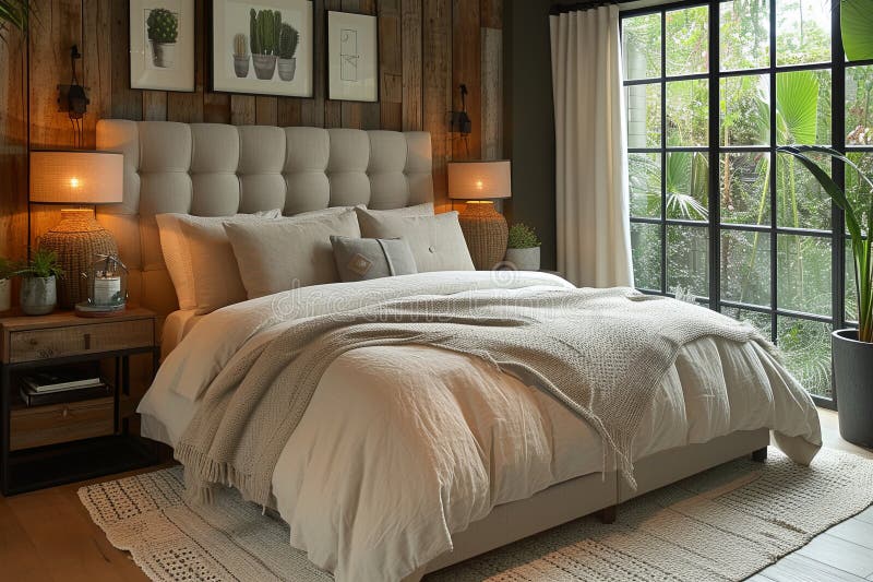 Modern Bedroom with a Large Bed and a White Comforter. Scene is Cozy ...