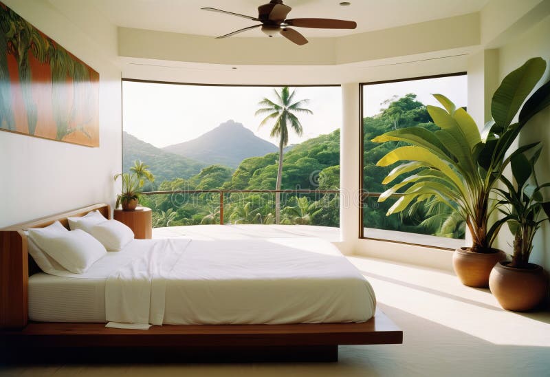 A Modern Bedroom with a Large Window Stock Illustration - Illustration ...