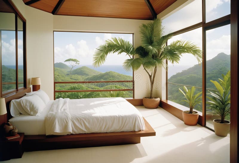 A Modern Bedroom with a Large Window Stock Illustration - Illustration ...