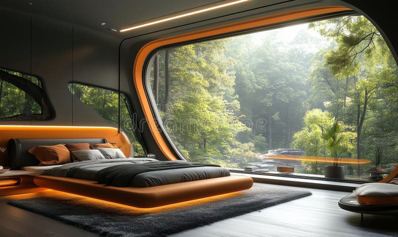 Modern Bedroom with Large Window Overlooking Forest Stock Image - Image ...