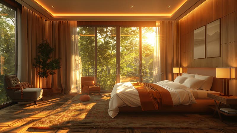 Modern Bedroom Interior with Large Windows and Morning Sunlight Stock ...
