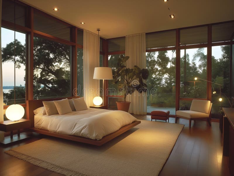 Modern Bedroom with Large Windows and Cozy Lighting Stock Image - Image ...
