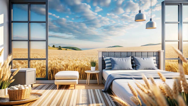 A Modern Bedroom with Large Windows Overlooking a Field of Wheat Stock ...