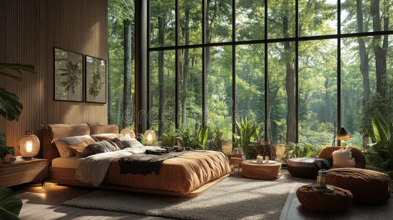 Modern Bedroom with Large Windows Overlooking a Lush Forest. MODERN ...