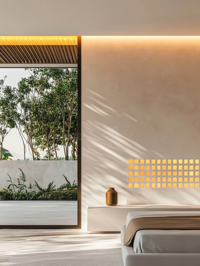 Modern Bedroom with Large Windows Overlooking a Lush Garden during ...