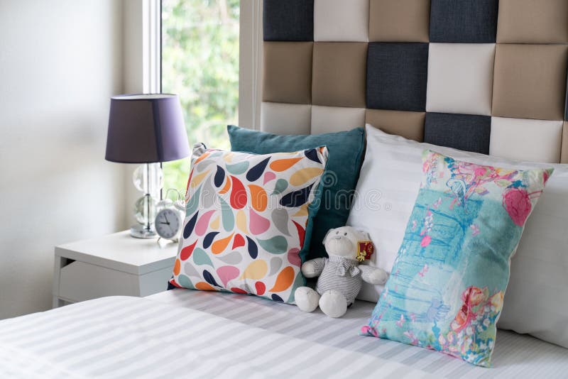 Modern Bedroom with Many Pillows on Bed Stock Image - Image of rest ...